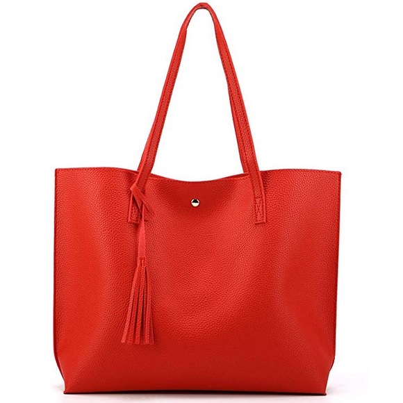 Bags | Bright Red Tote Pebbled Pu Bag | Poshmark